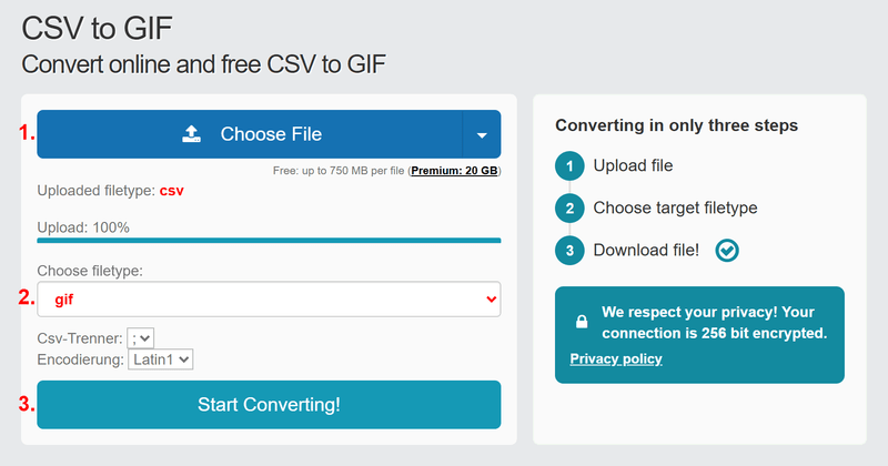 Convert CSV to GIF online without installation - file converter online