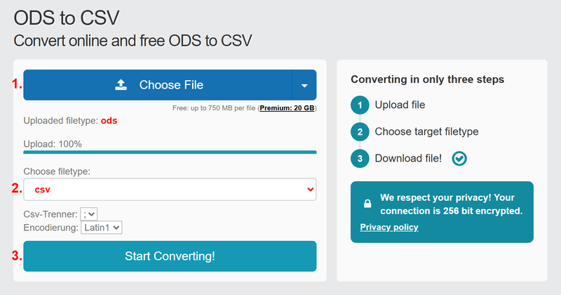 Convert ODS to CSV online for free - no signup